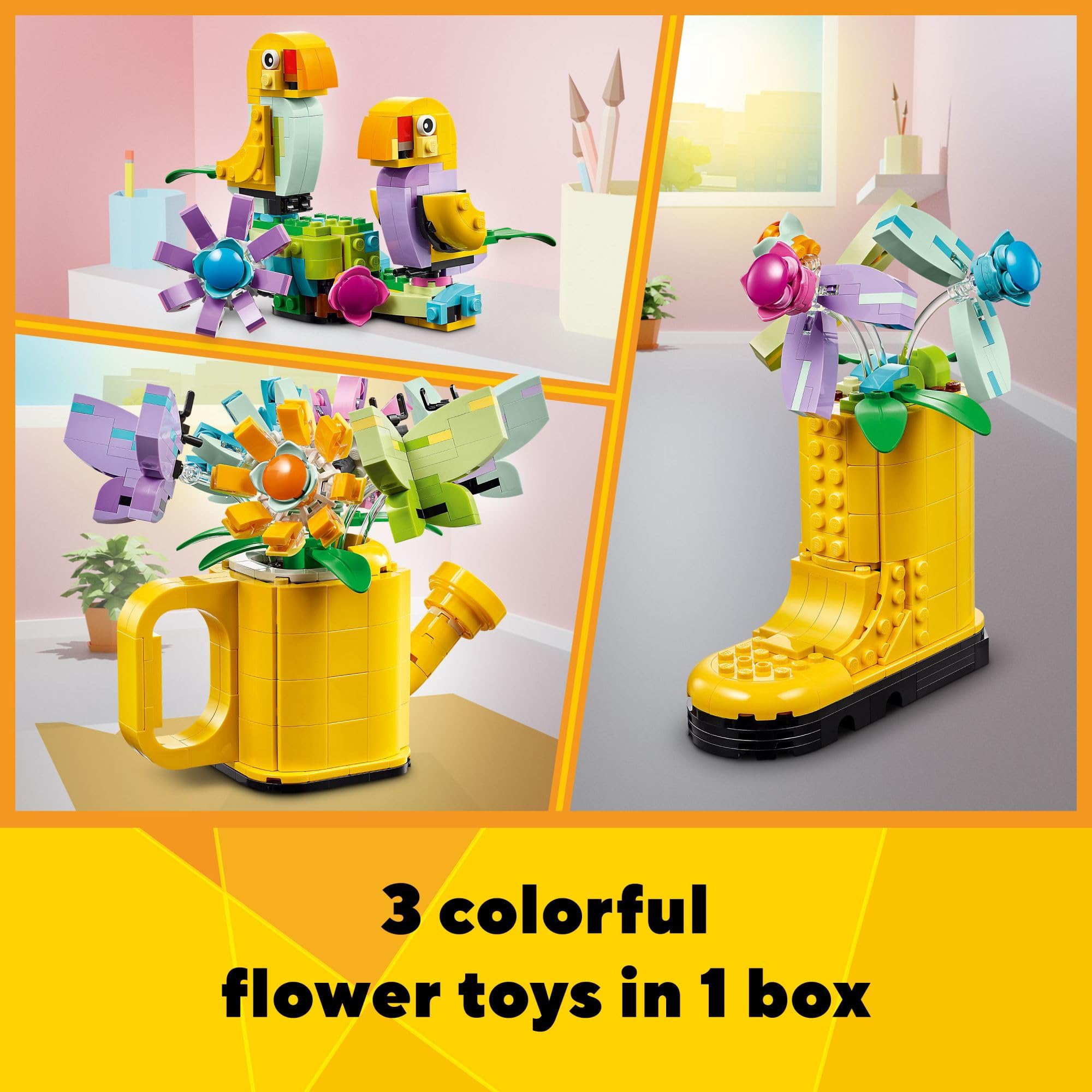 LEGO Creator 3 in 1 Flowers in Watering Can Building Toy Set - Fun, Creative Activity for Kids, Girls and Boys, Ages 8+ - Options to Build Rain Boots or Birds - 31149