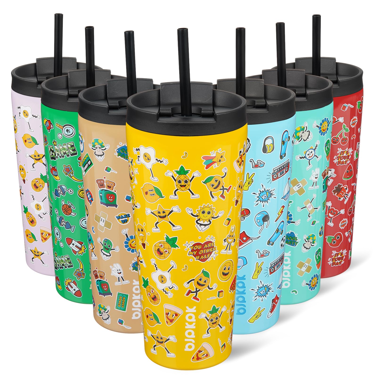 BJPKPK 22oz Insulated Tumbler With lid And Straw Stainless Steel Tumblers Travel Coffee Mug Reusable Thermal Cup,Hawaii Fruits Yellow