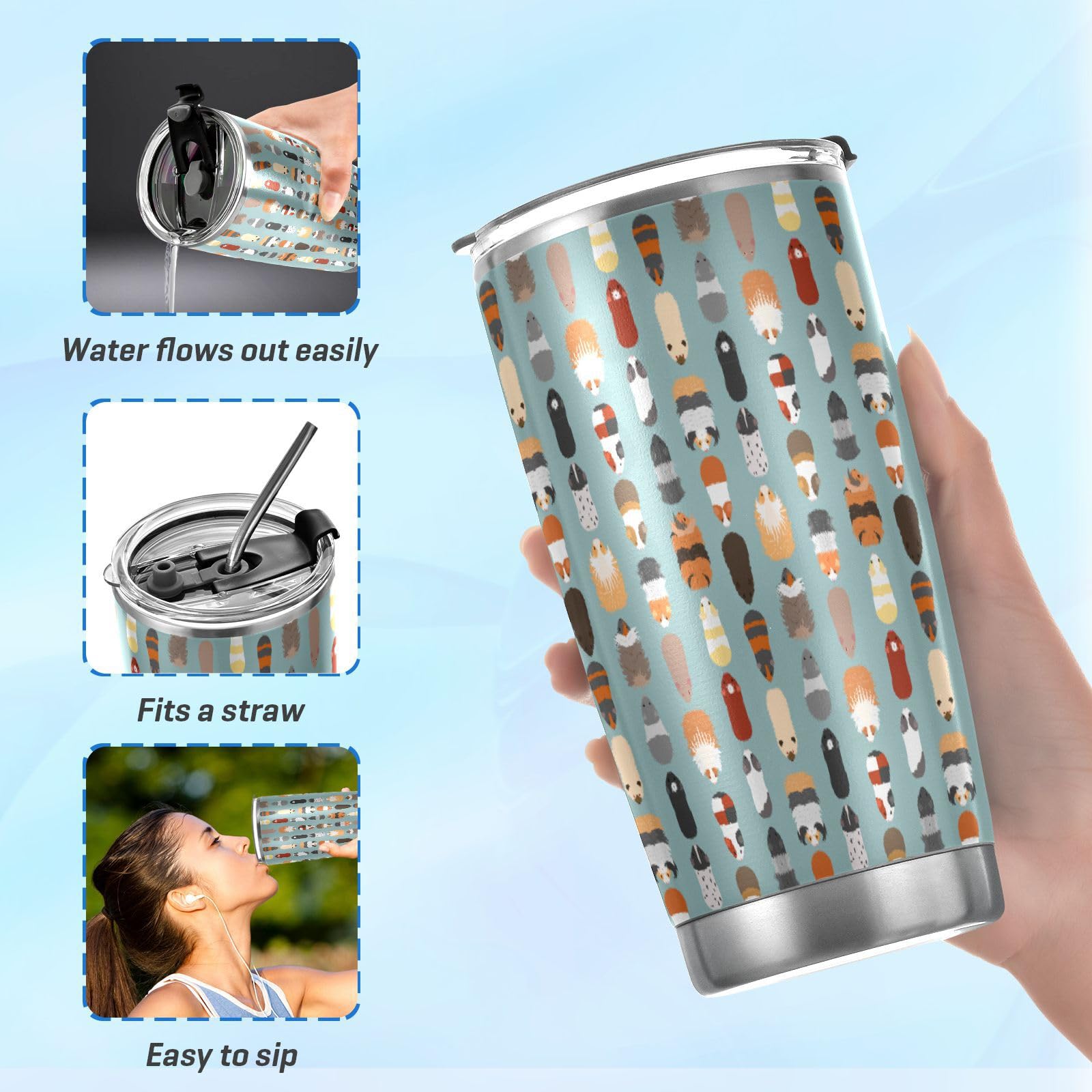 Yasala Tumbler Guinea Pig Cute Pet Insulated Coffee Cup Beverage Container Office Travel Mug with Straw and Lid 20oz Back to School Gift
