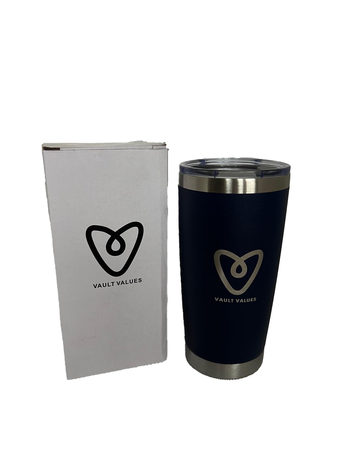 Vault Values 20 oz. Insulated Tumbler. Double Wall. Stainless Steel, Slide Lid with Straw opening COMBO Lid. Available in 5 colors - White, Pink, BLACK, Red, Blue. Hot/Cold. Straw NOT included.