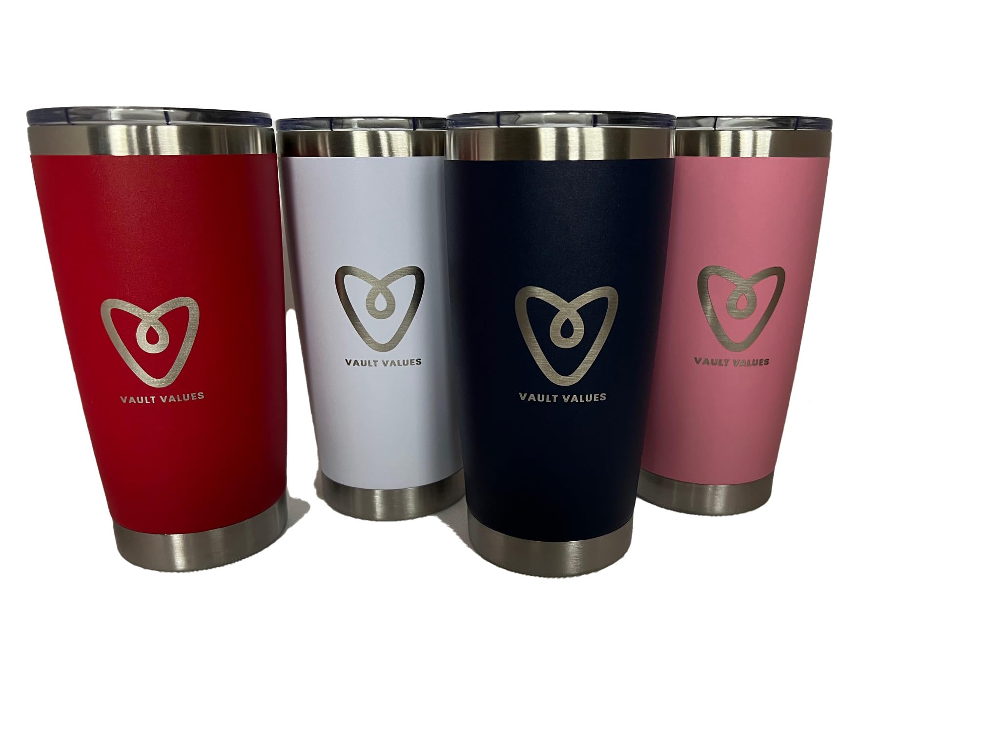 Vault Values 20 oz. Insulated Tumbler. Double Wall. Stainless Steel, Slide Lid with Straw opening COMBO Lid. Available in 5 colors - White, Pink, BLACK, Red, Blue. Hot/Cold. Straw NOT included.