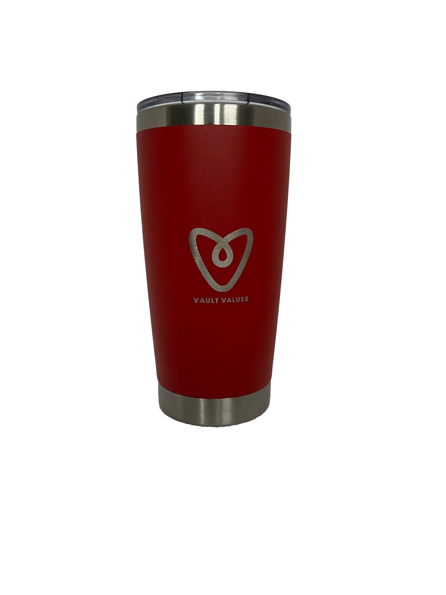 Vault Values 20 oz. Insulated Tumbler. Double Wall. Stainless Steel, Slide Lid with Straw opening COMBO Lid. Available in 5 colors - White, Pink, BLACK, Red, Blue. Hot/Cold. Straw NOT included.