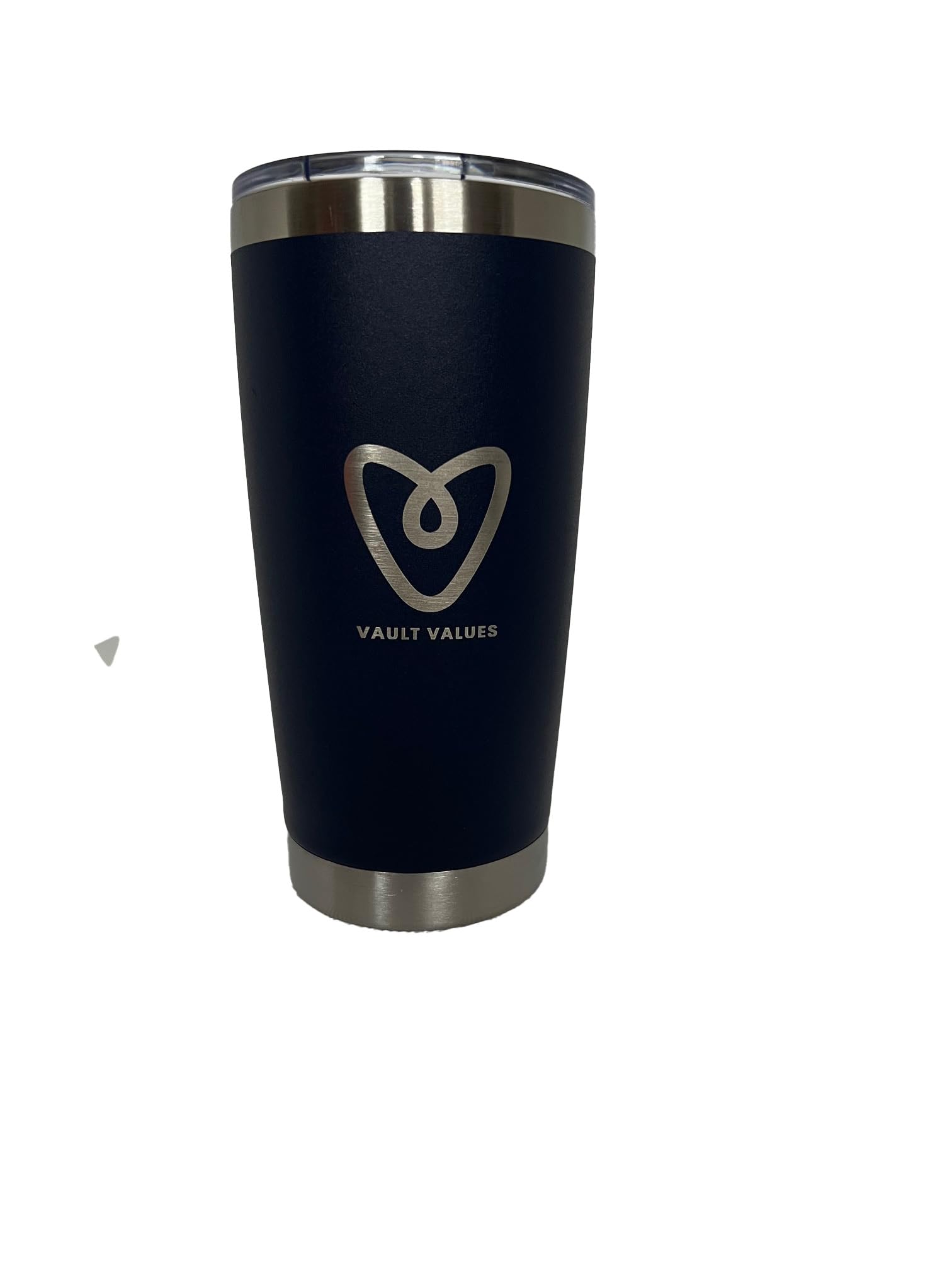 Vault Values 20 oz. Insulated Tumbler. Double Wall. Stainless Steel, Slide Lid with Straw opening COMBO Lid. Available in 5 colors - White, Pink, BLACK, Red, Blue. Hot/Cold. Straw NOT included.