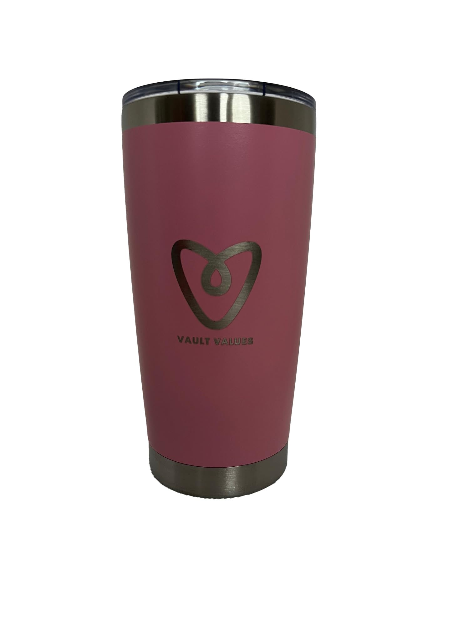 Vault Values 20 oz. Insulated Tumbler. Double Wall. Stainless Steel, Slide Lid with Straw opening COMBO Lid. Available in 5 colors - White, Pink, BLACK, Red, Blue. Hot/Cold. Straw NOT included.