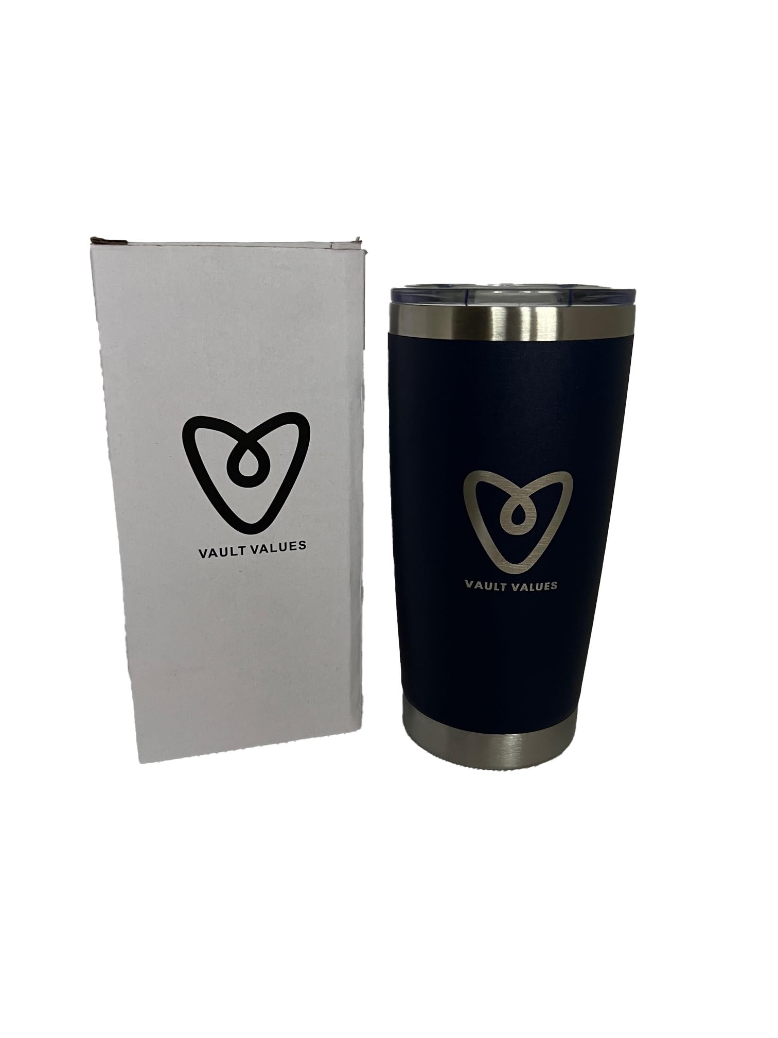 Vault Values 20 oz. Insulated Tumbler. Double Wall. Stainless Steel, Slide Lid with Straw opening COMBO Lid. Available in 5 colors - White, Pink, BLACK, Red, Blue. Hot/Cold. Straw NOT included.