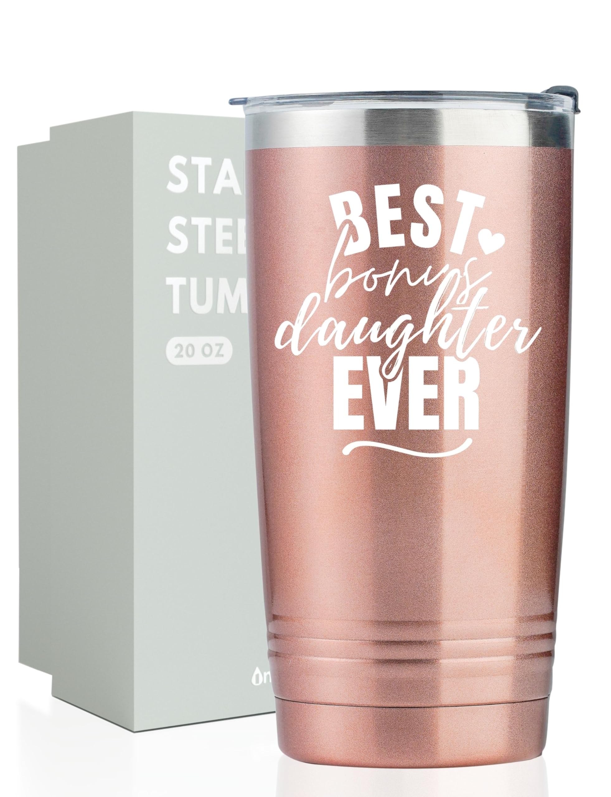 Onebttl Bonus Daughter Gift - 20oz Stainless Steel Travel Mug With Lid and Straw, Rose Gold - Best Bonus Daughter Ever for Birthday, Christmas or Thanksgiving