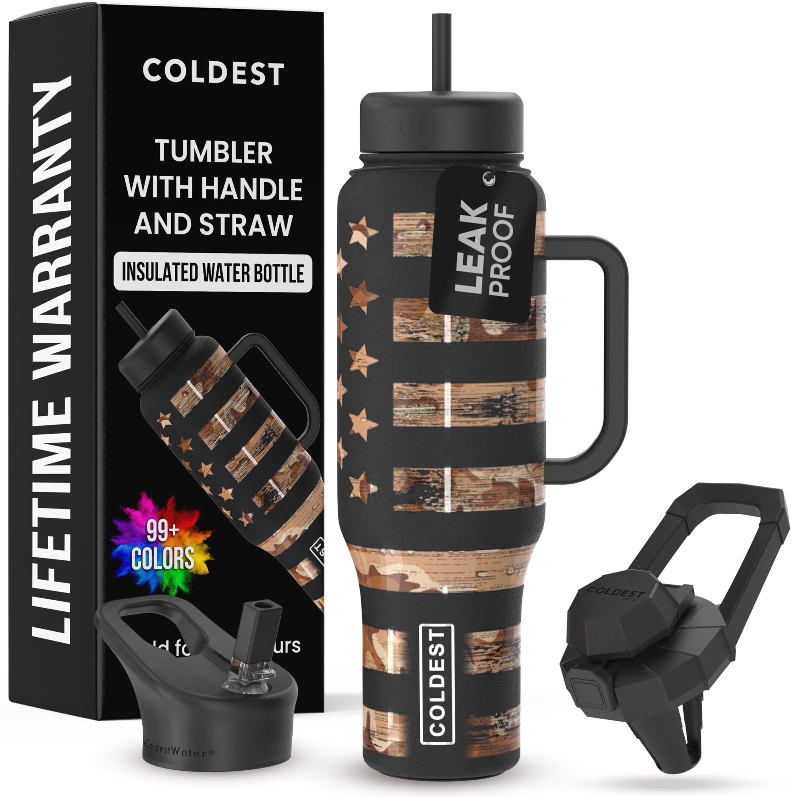 Coldest 40 oz Tumbler with Handle and Straw, 100% Leak Proof Insulated Tumbler with Lid and Straw (3 Lids), Stainless Steel Tumblers for Women & Men, Cup Holder Friendly, 46 oz (Camouflage Flag)