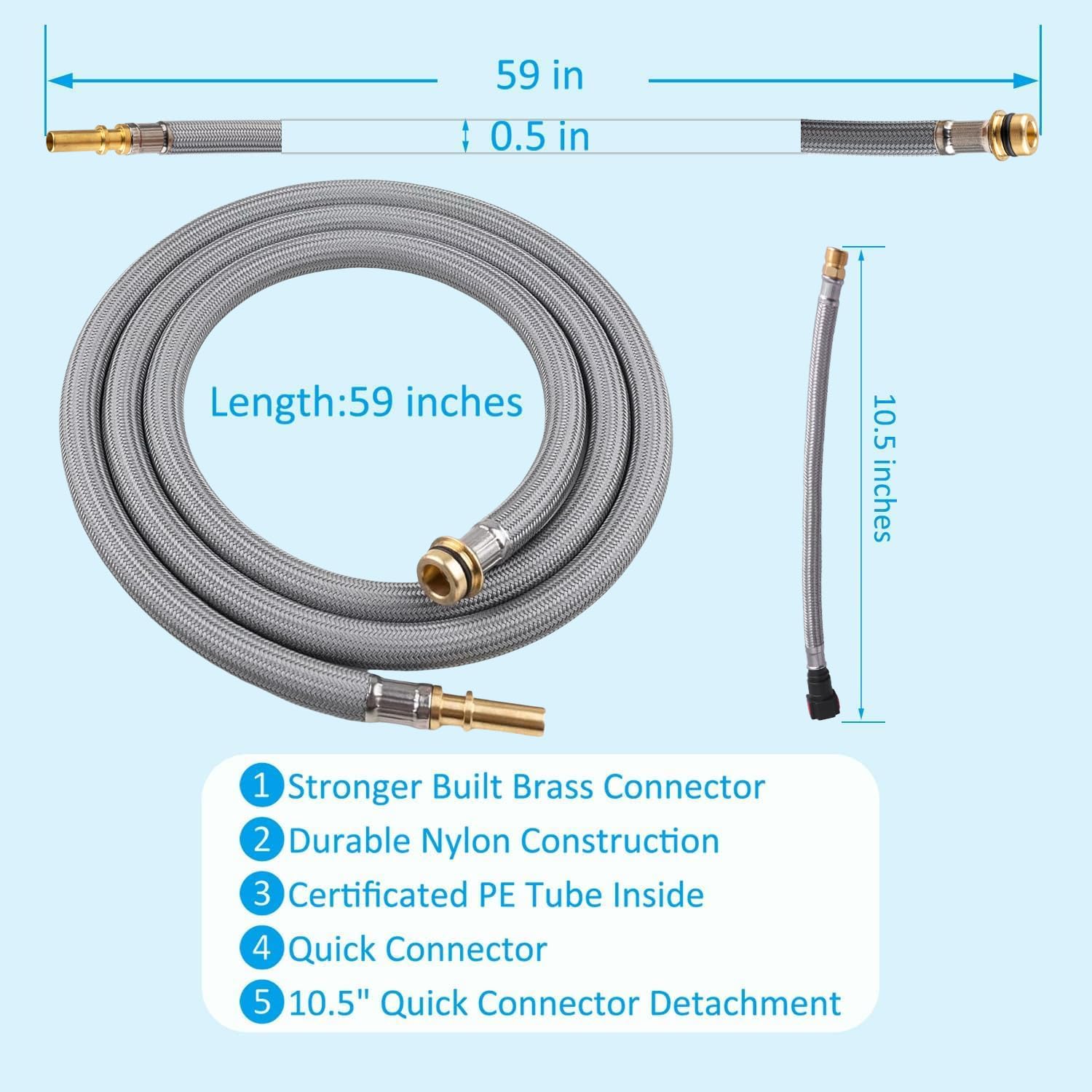 88624000 Pull-out Hose for Hansgrohe Kitchen Faucets, Kitchen Sink Faucet Replacement Parts, Pull-down Spray Hose Replacement with Brass Connectors, 59-Inch + 10.5-Inch