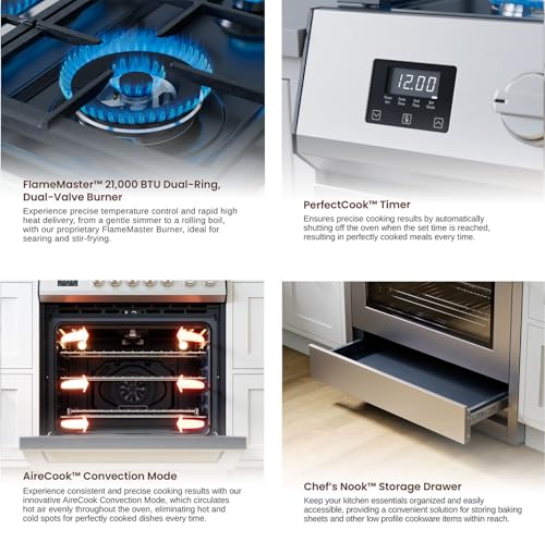 RANGAIRE RRG303TS 30" Gas Range, 5 Sealed Burners, 5.0 cu. Ft. Capacity, Freestanding Slide-in Convection Oven, Easy Reach Racks, Clock and Timer, Stainless Steel