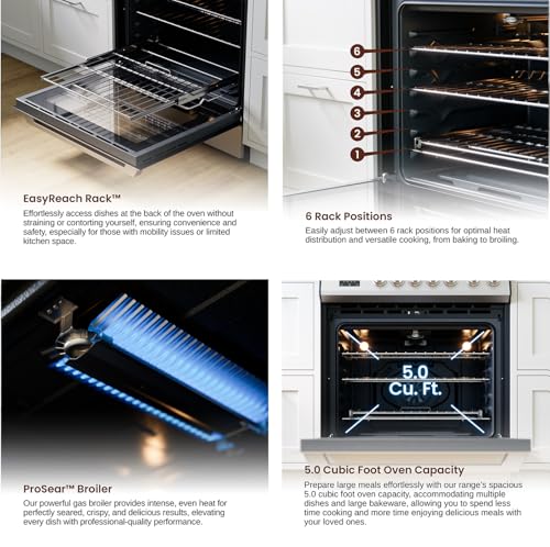 RANGAIRE RRG303TS 30" Gas Range, 5 Sealed Burners, 5.0 cu. Ft. Capacity, Freestanding Slide-in Convection Oven, Easy Reach Racks, Clock and Timer, Stainless Steel