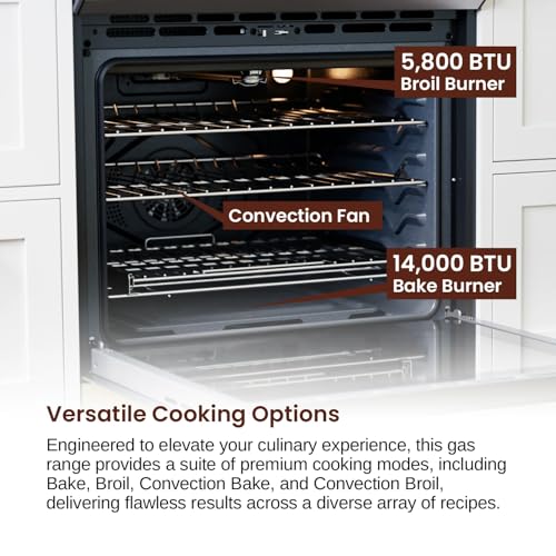 RANGAIRE RRG303TS 30" Gas Range, 5 Sealed Burners, 5.0 cu. Ft. Capacity, Freestanding Slide-in Convection Oven, Easy Reach Racks, Clock and Timer, Stainless Steel