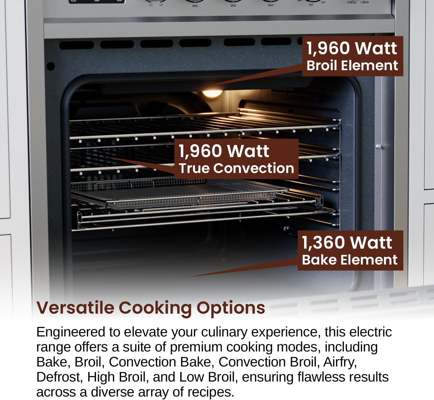 RANGAIRE RRE241TS 24" Electric Range with 4 Burners, 3.0 cu. Ft. Capacity, Freestanding Slide-in AirFry, Convection Oven, Easy Reach Racks, Soft Close Door, Clock and Timer, Stainless Steel