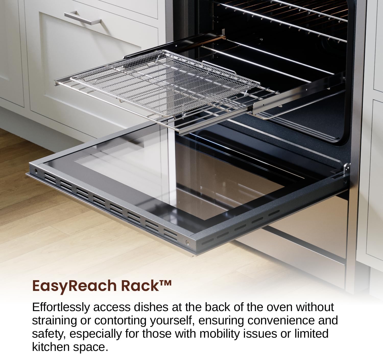 RANGAIRE RRE241TS 24" Electric Range with 4 Burners, 3.0 cu. Ft. Capacity, Freestanding Slide-in AirFry, Convection Oven, Easy Reach Racks, Soft Close Door, Clock and Timer, Stainless Steel