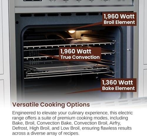 RANGAIRE RRE241TS 24" Electric Range with 4 Burners, 3.0 cu. Ft. Capacity, Freestanding Slide-in AirFry, Convection Oven, Easy Reach Racks, Soft Close Door, Clock and Timer, Stainless Steel