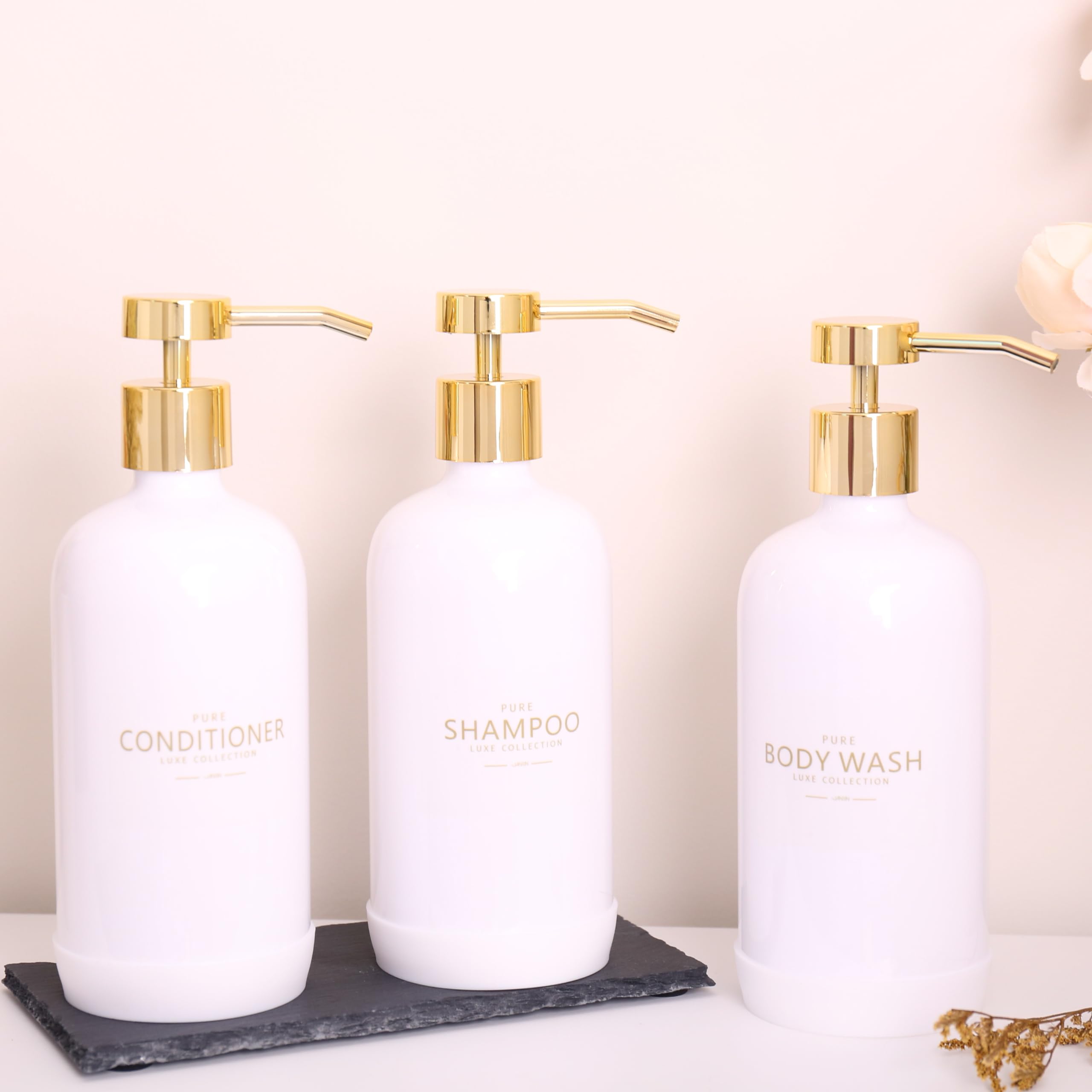 Janxin Shampoo and Conditioner Dispenser Set of 3,Refillable 21oz Shampoo Bottles with Non-Slip Protective Silicone Pad,Shower Soap Dispenser with Waterproof Labels for Bathroom (White)