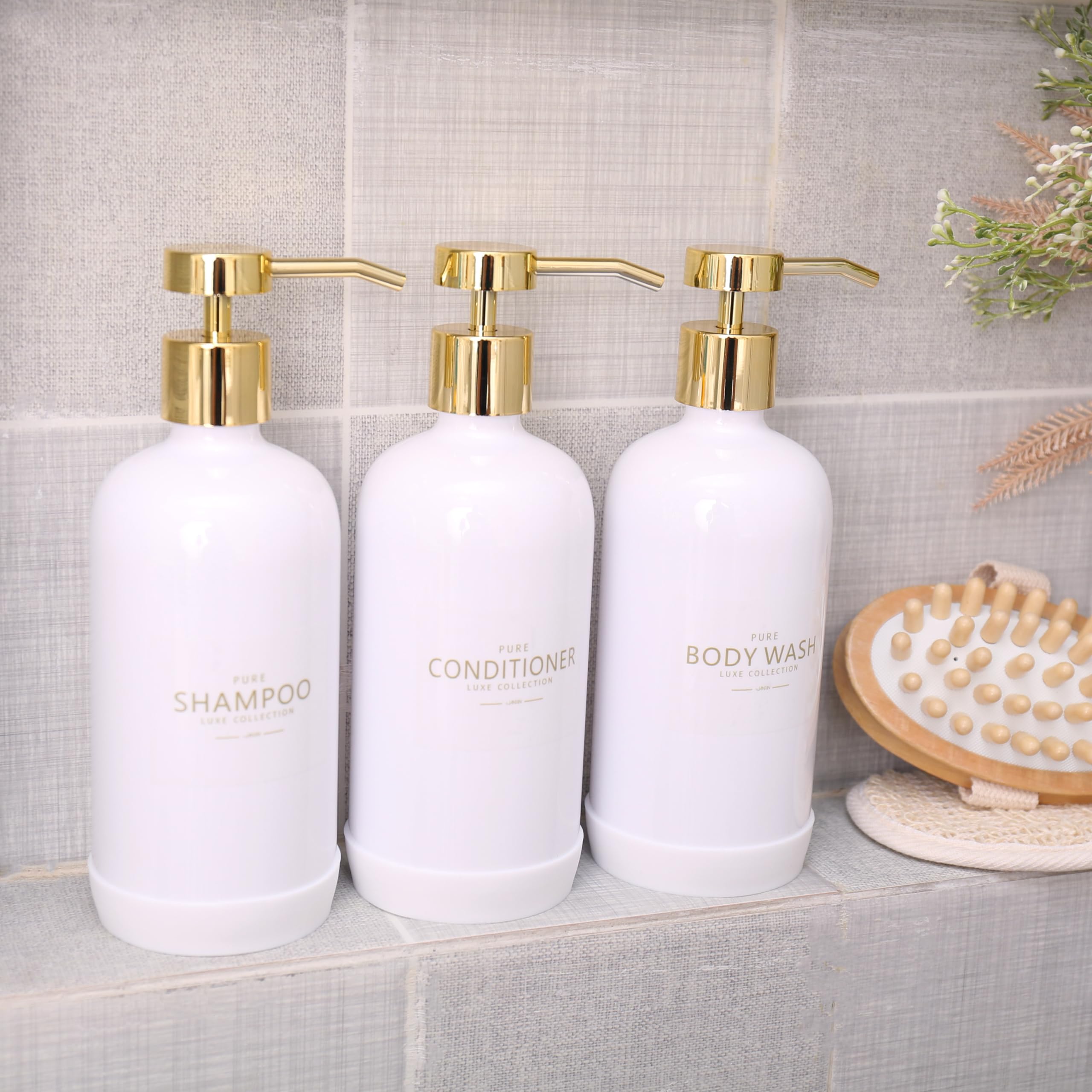 Janxin Shampoo and Conditioner Dispenser Set of 3,Refillable 21oz Shampoo Bottles with Non-Slip Protective Silicone Pad,Shower Soap Dispenser with Waterproof Labels for Bathroom (White)