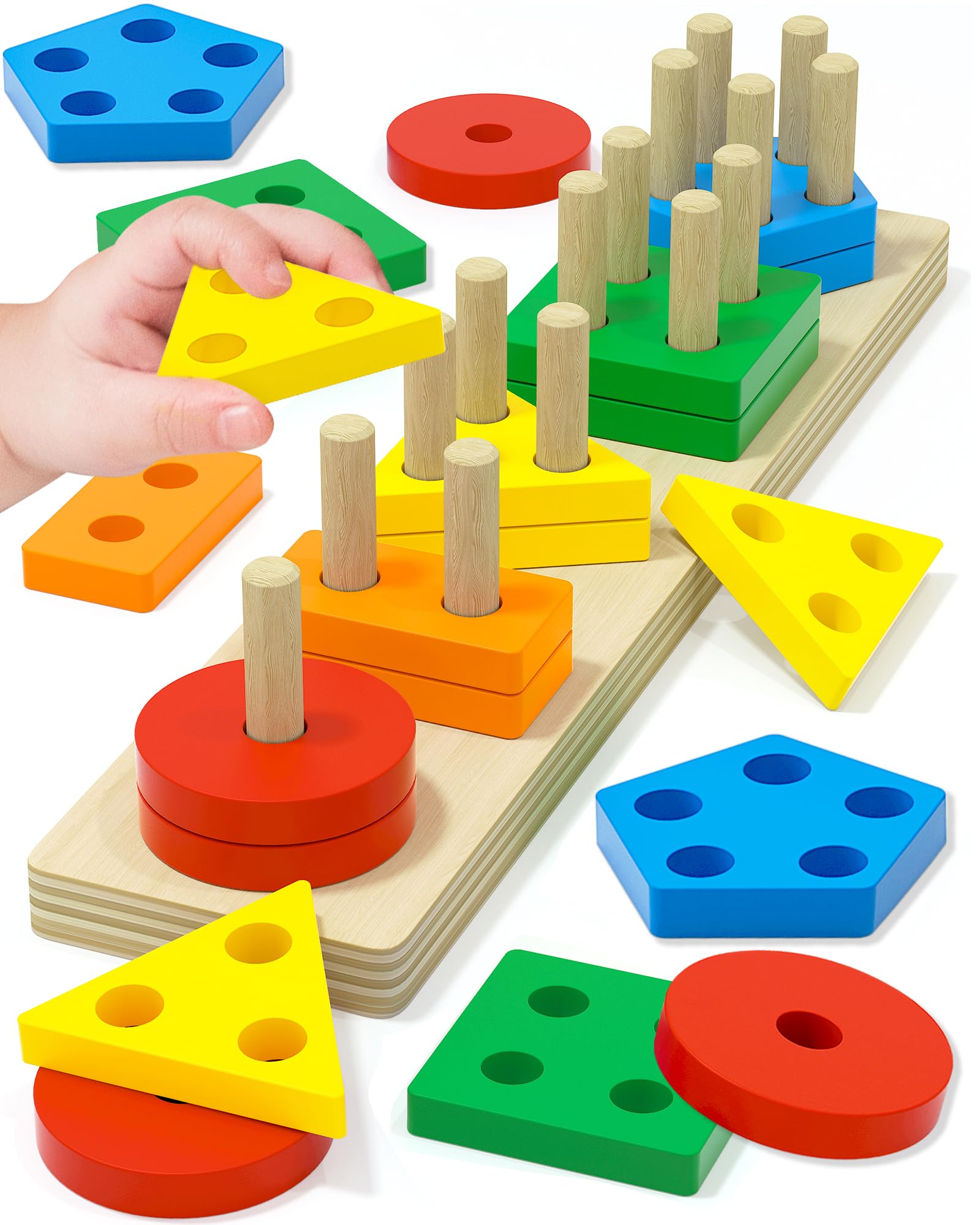 Montessori Toys for 1 2 3 Year Old Boy Girl, Toys for Ages 2-4 Toddlers Kids Baby, 1 2 Year Old Birthday Gifts, Wooden Learning Puzzles Shape Sorter Toy for Toddlers 1-3