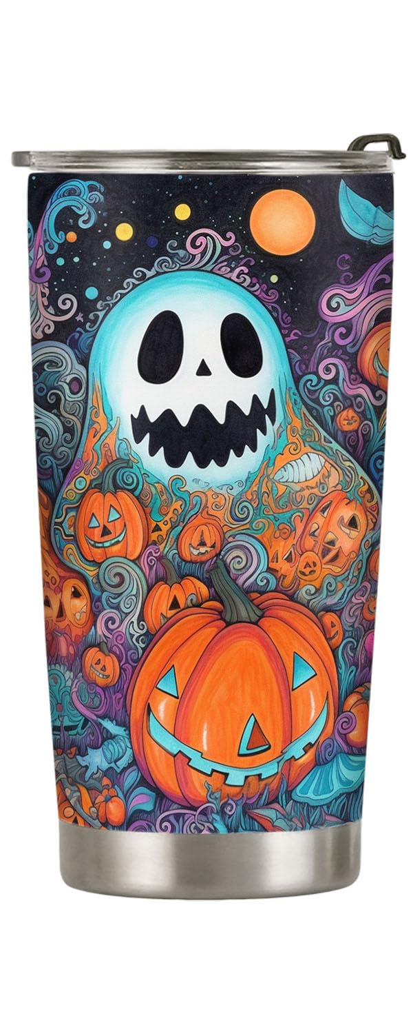 ORCAE 20oz Halloween Pumpkin Ghost Tumbler, Boo Boo Ghost, Trick or Treat, Halloween Gifts, Coffee Thermos, Stainless Steel Double Wall Vacuum Insulated Coffee Mug, Travel Cup with Lid - D