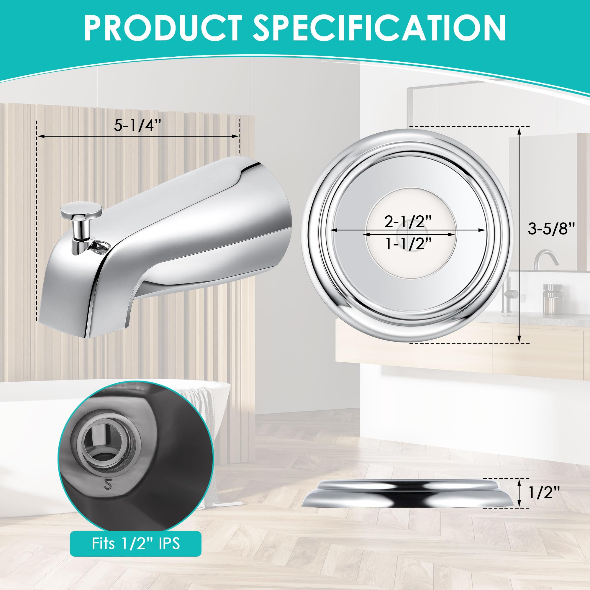 Enhon Universal Bathroom Spout with Metal Cover, 5 1/4 Inch Reach, Front Mount Tub Spout with Shower Diverter, 1/2'' IPS Thread (Chrome)