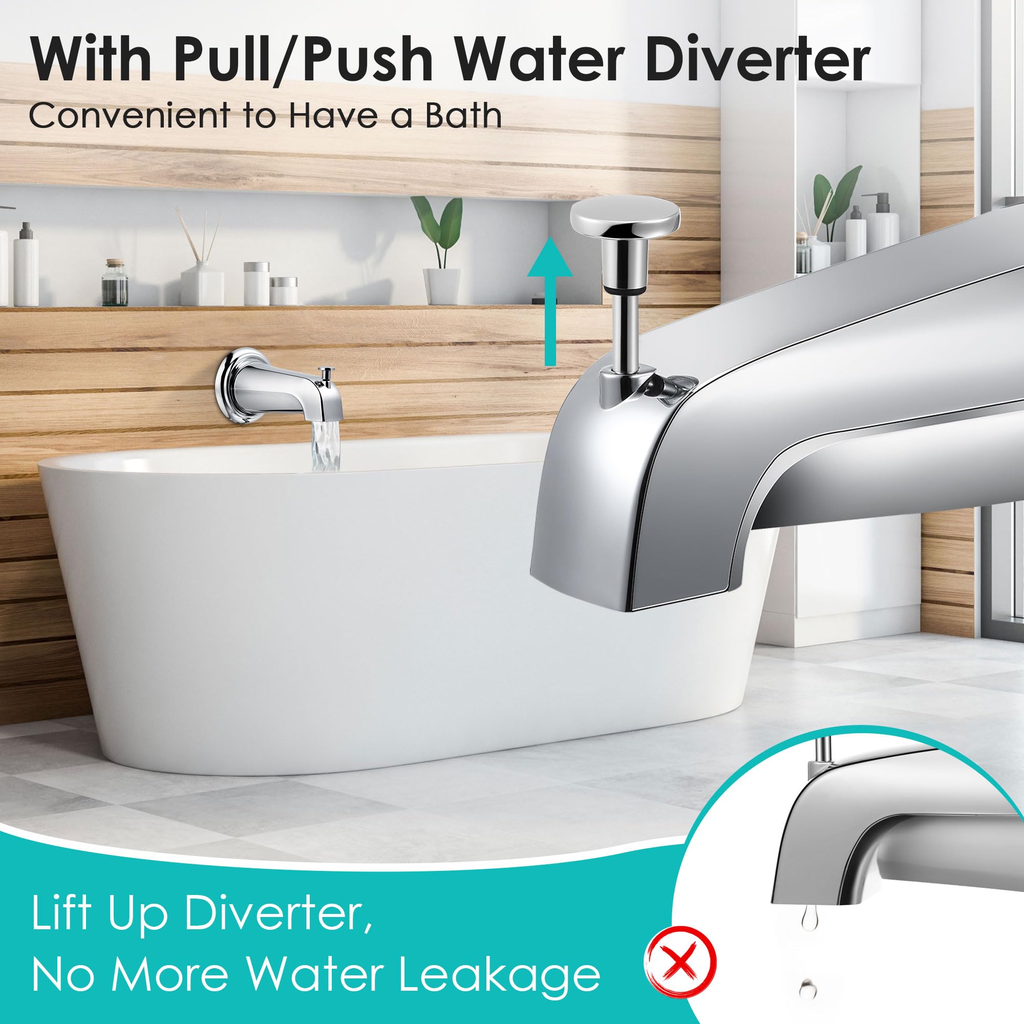 Enhon Universal Bathroom Spout with Metal Cover, 5 1/4 Inch Reach, Front Mount Tub Spout with Shower Diverter, 1/2'' IPS Thread (Chrome)