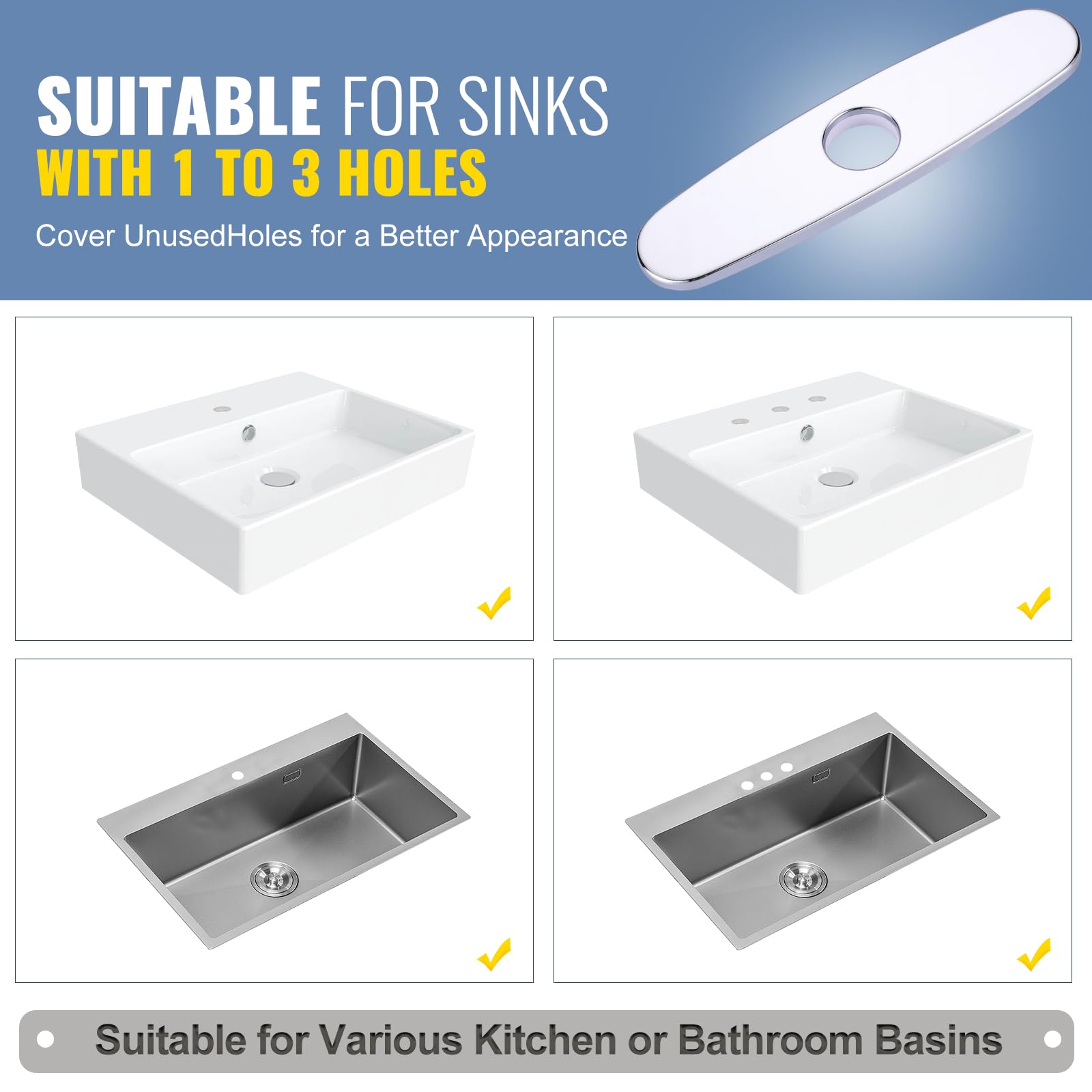 WOWOW Faucet Plate,Kitchen Sink Cover Stainless Steel Plate for 1 or 3 Hole Bathroom or Kitchen Sink Faucet Mixer Tap 10 Inch Escutcheon Hole Covers Chrome