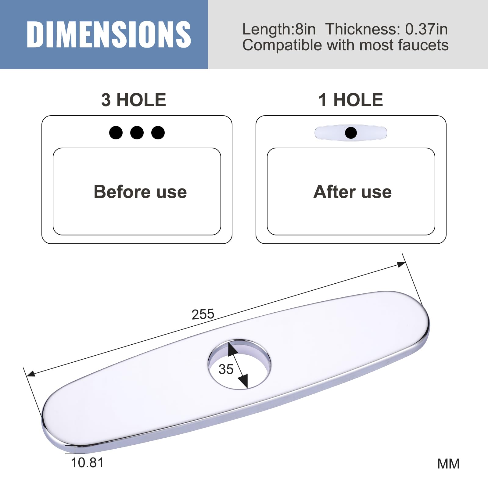 WOWOW Faucet Plate,Kitchen Sink Cover Stainless Steel Plate for 1 or 3 Hole Bathroom or Kitchen Sink Faucet Mixer Tap 10 Inch Escutcheon Hole Covers Chrome