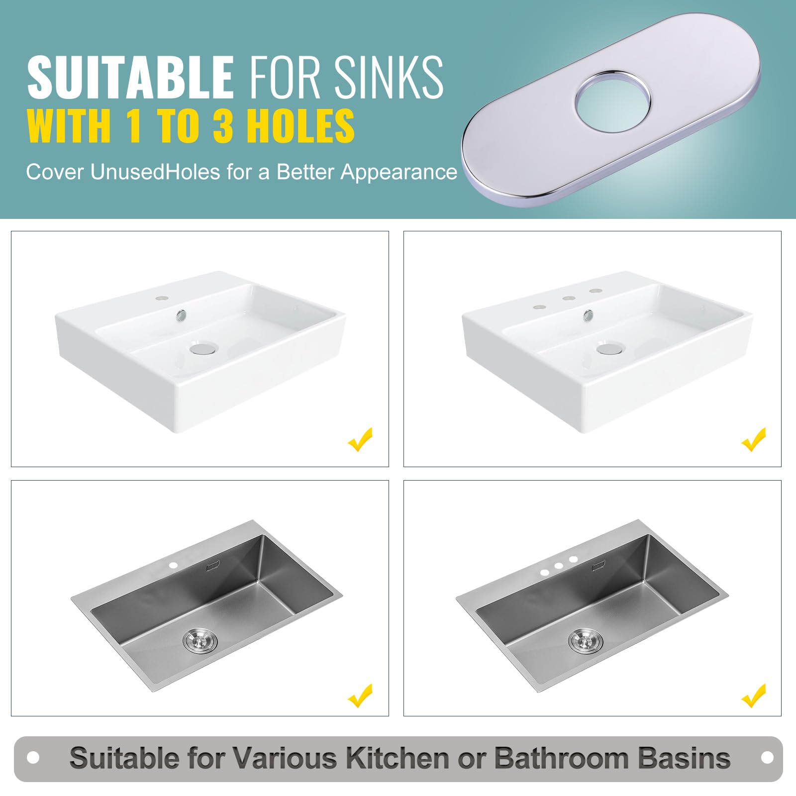 WOWOW 6.3 inch Kitchen Sink Faucet Hole Cover Deck Plate Chrome,Sink Hole Cover for 1 or 3 Hole Kitchen,Sink Faucet Single Hole Mixer Tap, Escutcheon Plate Stainless Steel Deck Plate