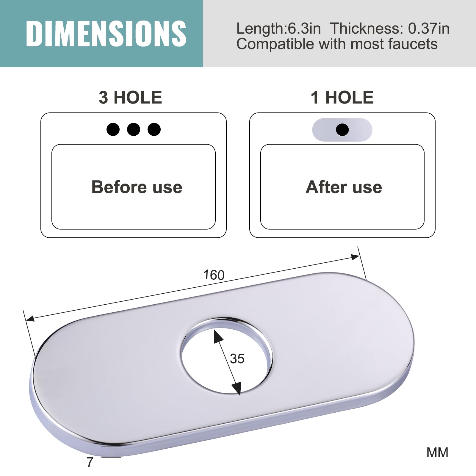 WOWOW 6.3 inch Kitchen Sink Faucet Hole Cover Deck Plate Chrome,Sink Hole Cover for 1 or 3 Hole Kitchen,Sink Faucet Single Hole Mixer Tap, Escutcheon Plate Stainless Steel Deck Plate