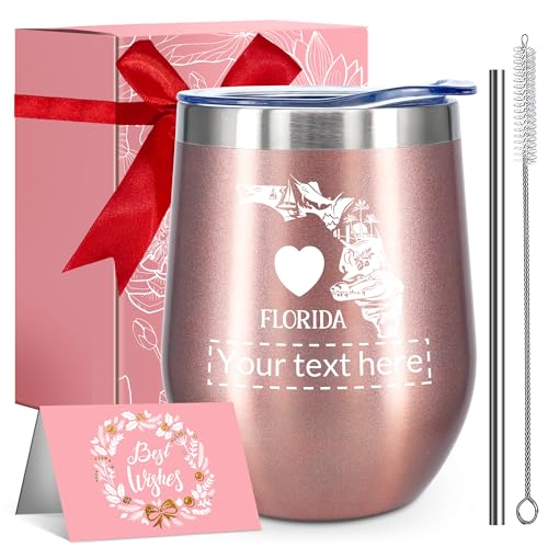 Customized Florida Gift,Florida Coffee Mug Gift for Women 12oz Wine with Lid 18/8 Stainless Steel Cup,Unique Oliday Travel Supplies(Rose Gold)