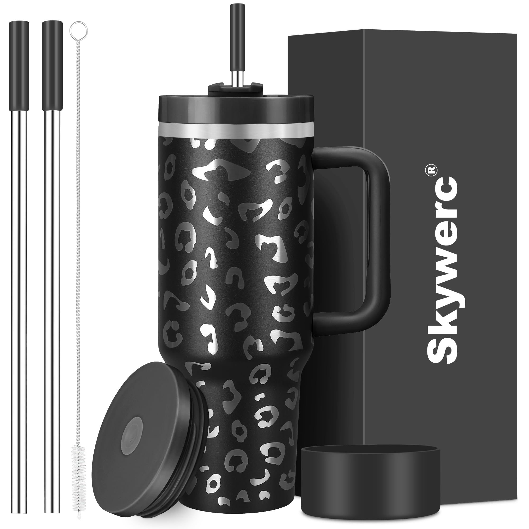 40 oz Tumbler with Handle and Straw, 2 Lids (2 in 1 & LeakProof Lid) - Vacuum Insulated Stainless Steel Double Wall Water Bottle Travel Mug - Holiday Gifts for Women Men - Black Leopard