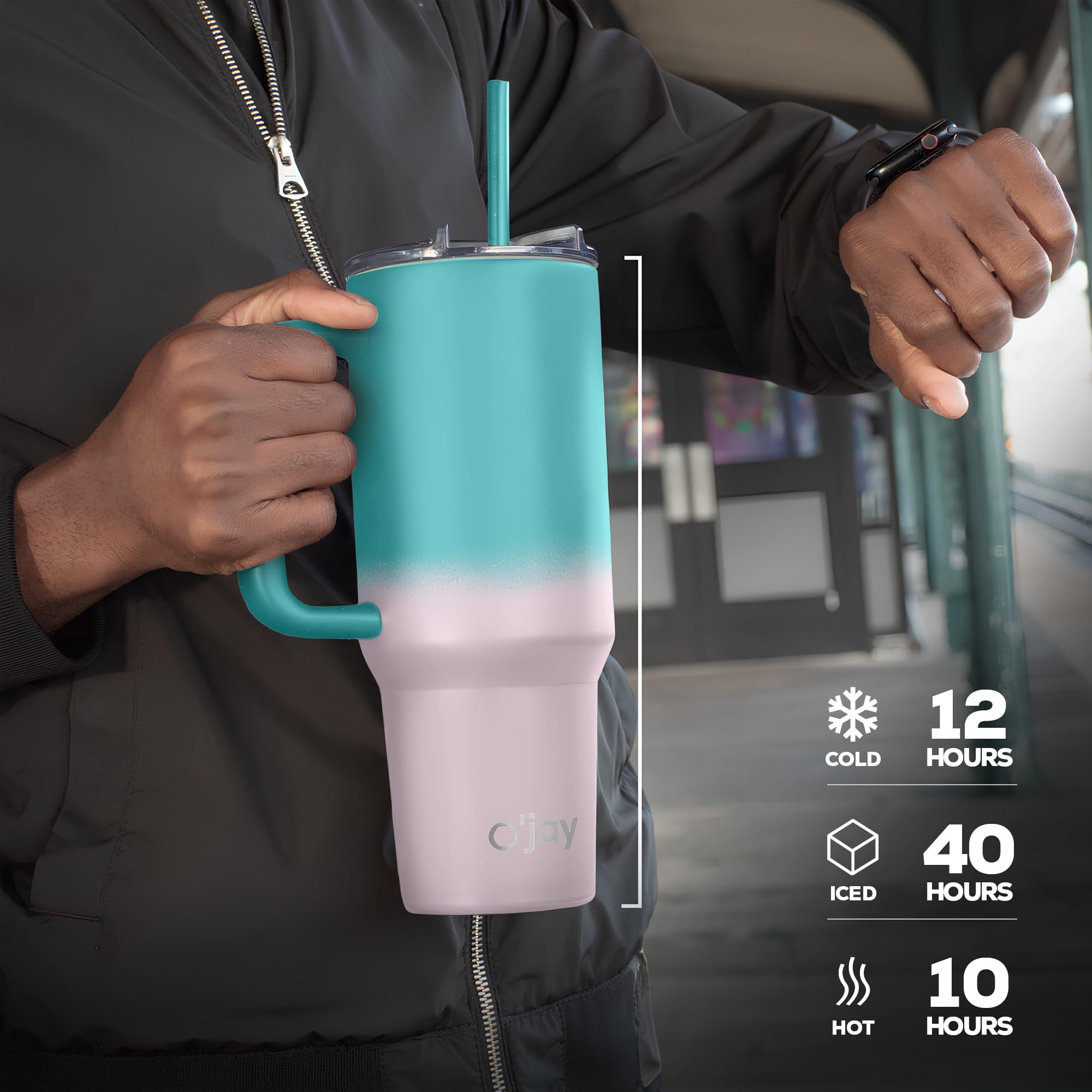 O'JAY 40oz Stainless Steel Insulated Travel Mug - Leak-Proof Straw Lid, Cupholder Friendly, Dreamy Green-Pink