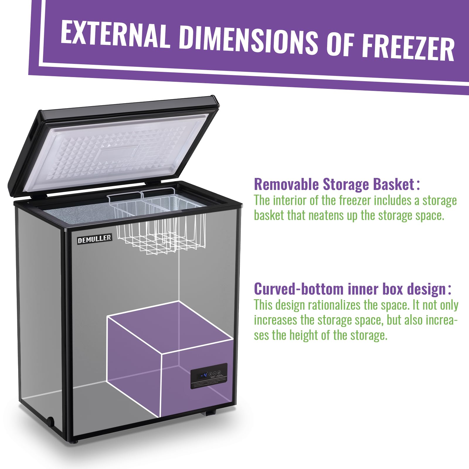 DEMULLER 4.0 Cubic Feet Deep Chest Freezer Small Freezer with Electronic Display Screen Electronic Thermostat Accurate to Every Degree removable Storage Basket Black