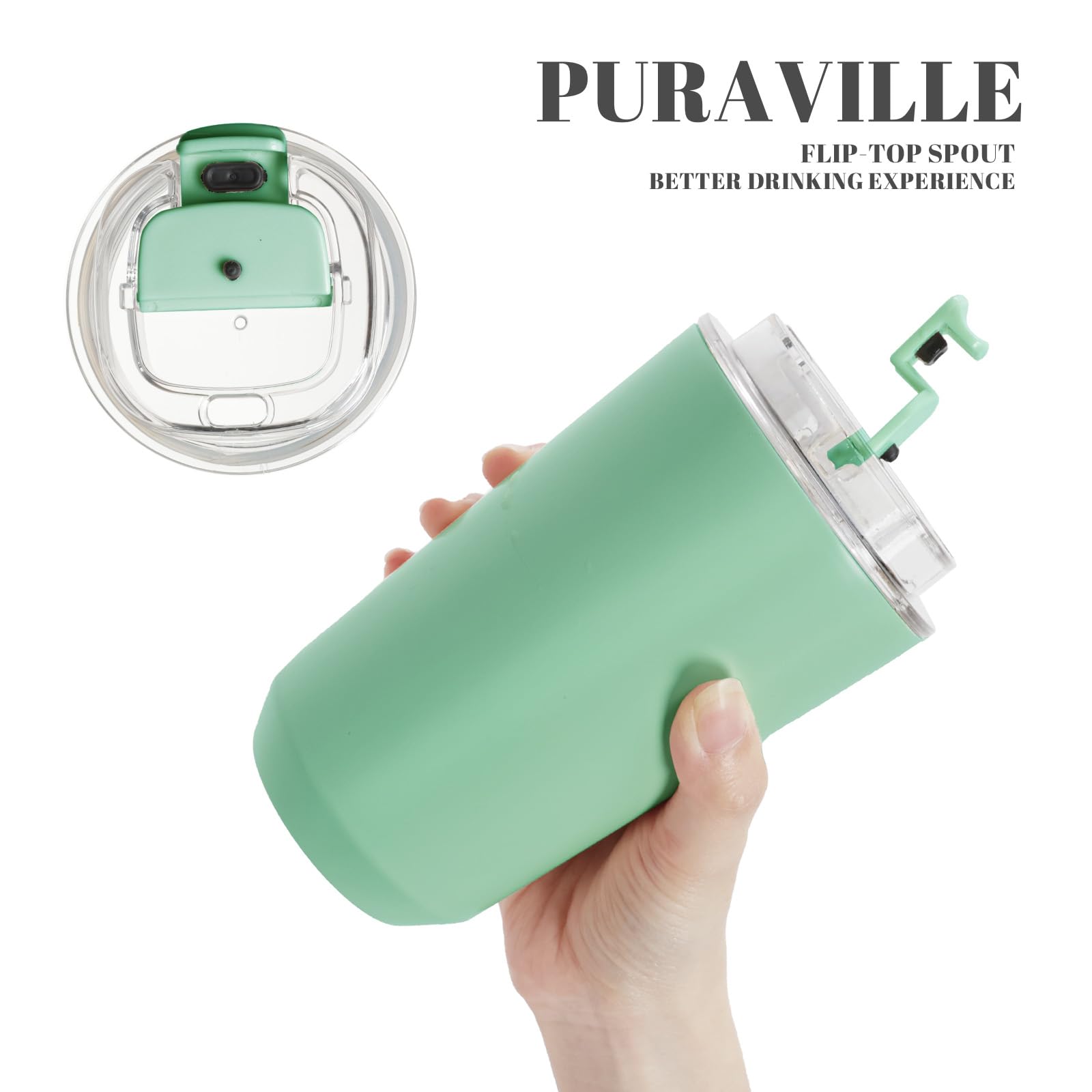 Puraville Insulated Tumblers with Lid, 14 oz Travel Coffee Mug Stainless Steel Vacuum Cup, Leak Proof Reusable Double Walled Coffee Tumbler for Iced and Hot Drinks, Green