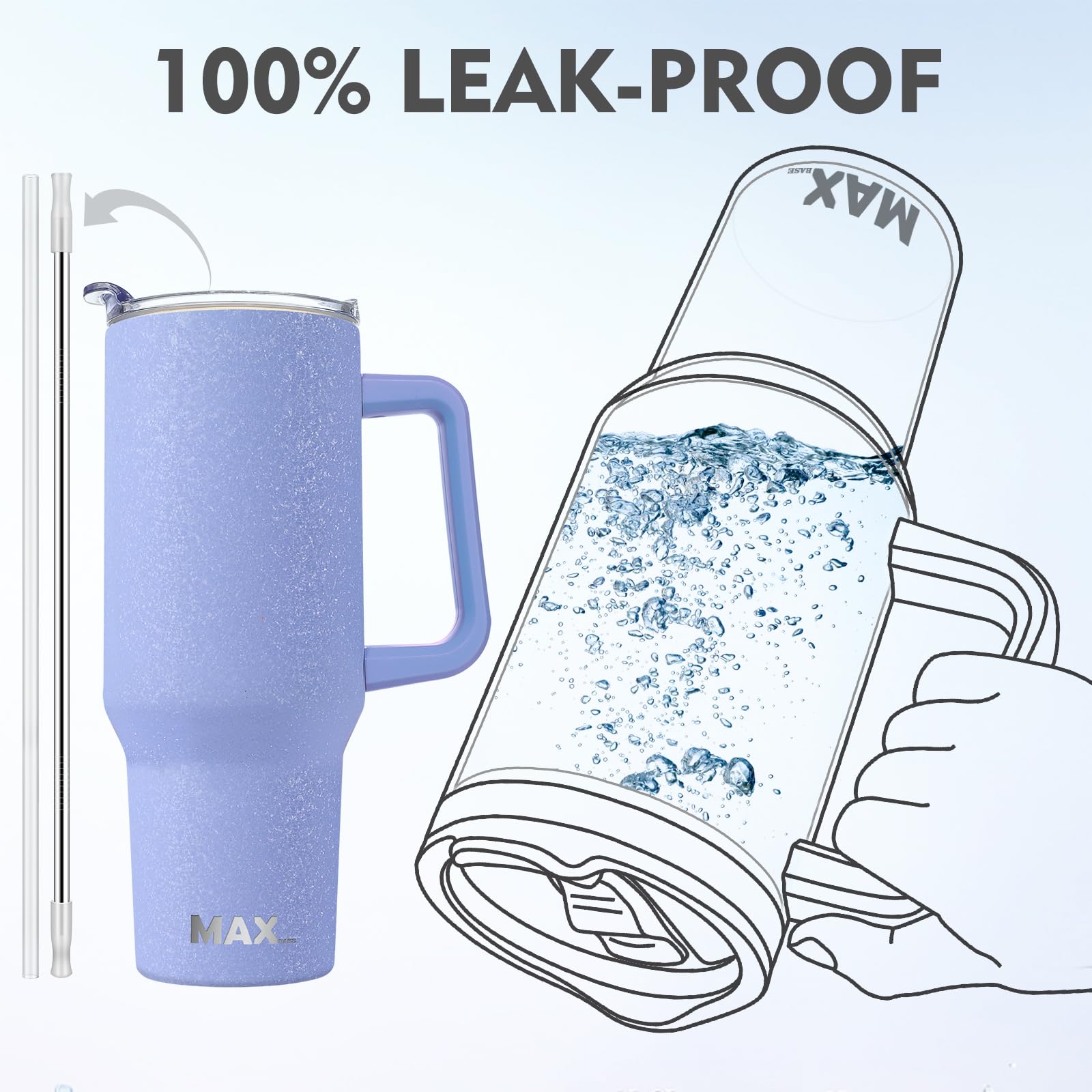 MaxBase 40 Oz Shiny Tumbler with Handle and Straw Lid, Insulated Reusable Stainless Steel Travel Mug Keeps Drinks Cold up to 34 Hours, 100% Leakproof Bottle (Crack-Blue)