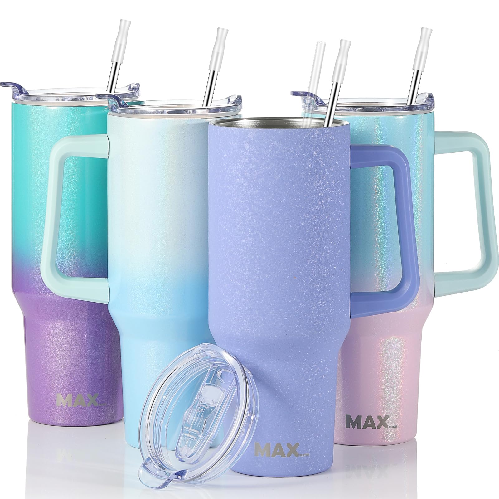 MaxBase 40 Oz Shiny Tumbler with Handle and Straw Lid, Insulated Reusable Stainless Steel Travel Mug Keeps Drinks Cold up to 34 Hours, 100% Leakproof Bottle (Crack-Blue)