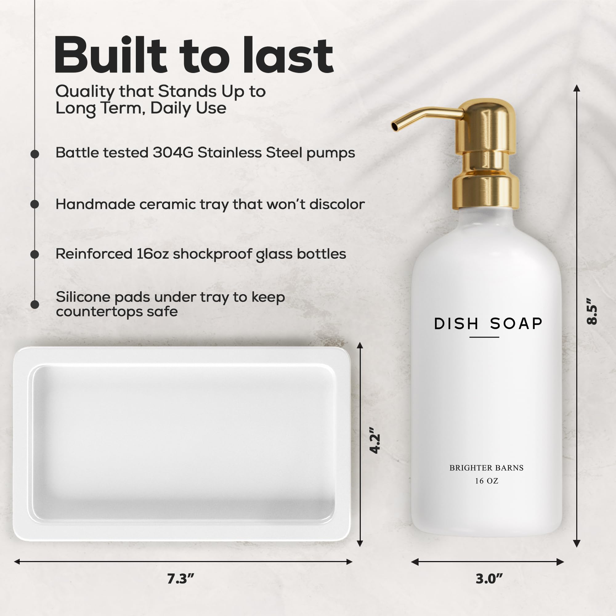 Luxury Glass Hand and Dish Soap Dispenser Set by Brighter Barns - Kitchen Soap Dispenser Set with Tray for Kitchen Sink - White and Gold Home Accessories & Decor for Restaurants, Airbnb, Gift (Gold)
