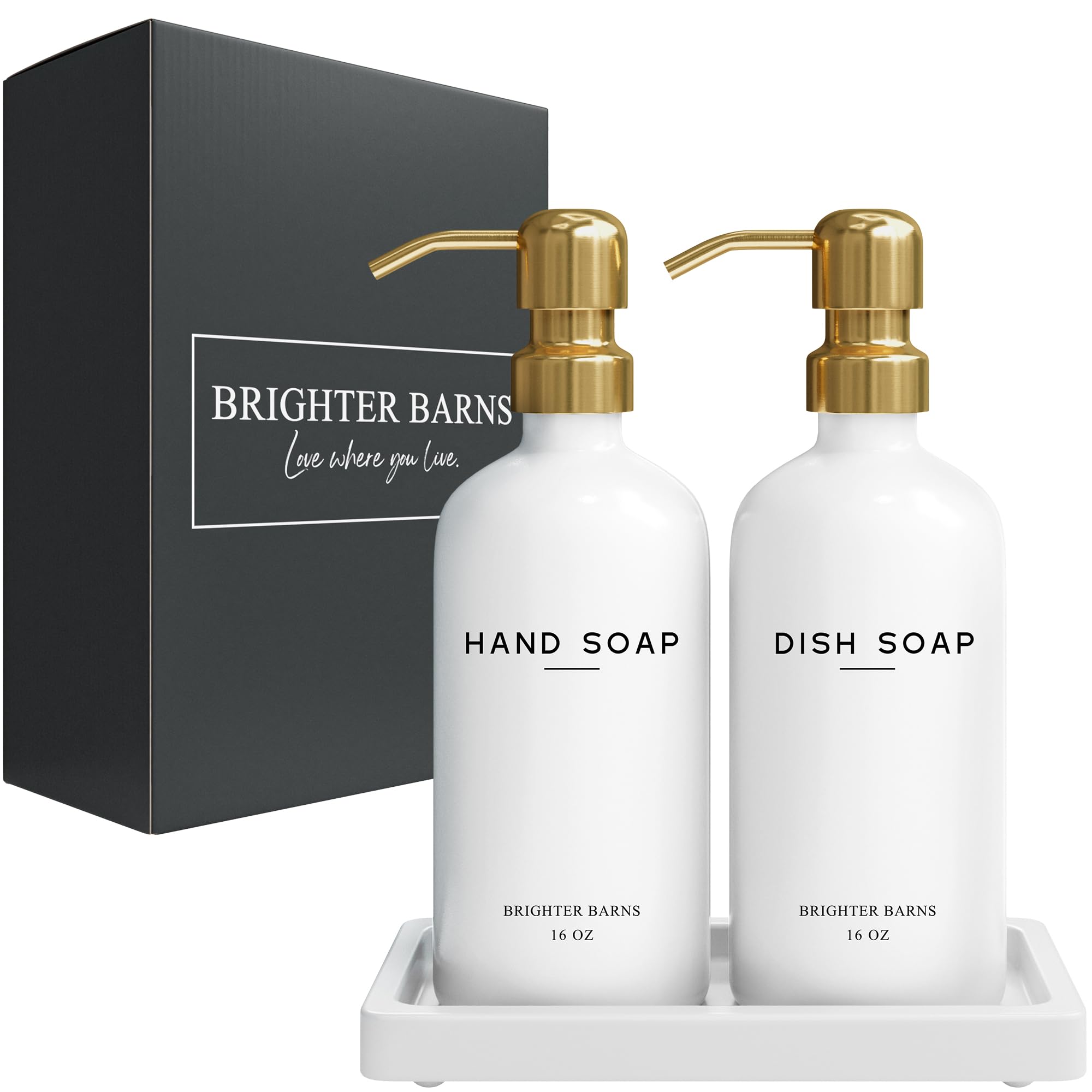 Luxury Glass Hand and Dish Soap Dispenser Set by Brighter Barns - Kitchen Soap Dispenser Set with Tray for Kitchen Sink - White and Gold Home Accessories & Decor for Restaurants, Airbnb, Gift (Gold)