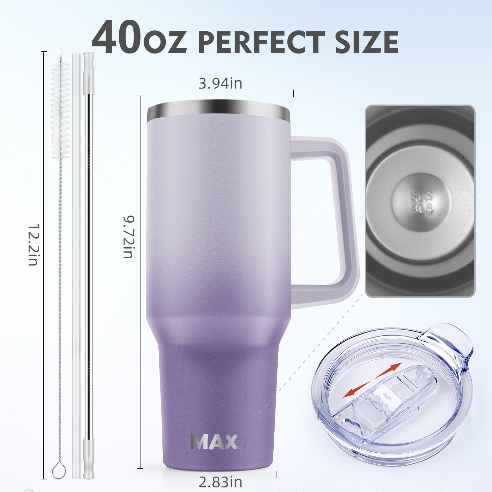 MaxBase 40 Oz Tumbler with Handle and Straw Lid, Insulated Reusable Stainless Steel Travel Mug Keeps Drinks Cold up to 34 Hours, 100% Leakproof Bottle (GradientPurple)