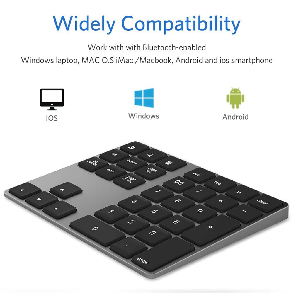 JOYEKY Bluetooth Number Pad, Wireless Numeric Keypad, USB-C Rechargeable External 34-Keys Numpad, Financial Data Entry Keyboard for iMac, MacBook Air/Pro, PC Desktop, Laptop Notebook