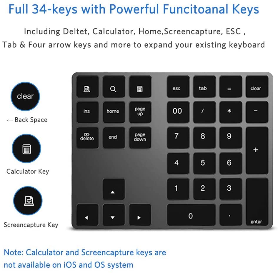 JOYEKY Bluetooth Number Pad, Wireless Numeric Keypad, USB-C Rechargeable External 34-Keys Numpad, Financial Data Entry Keyboard for iMac, MacBook Air/Pro, PC Desktop, Laptop Notebook