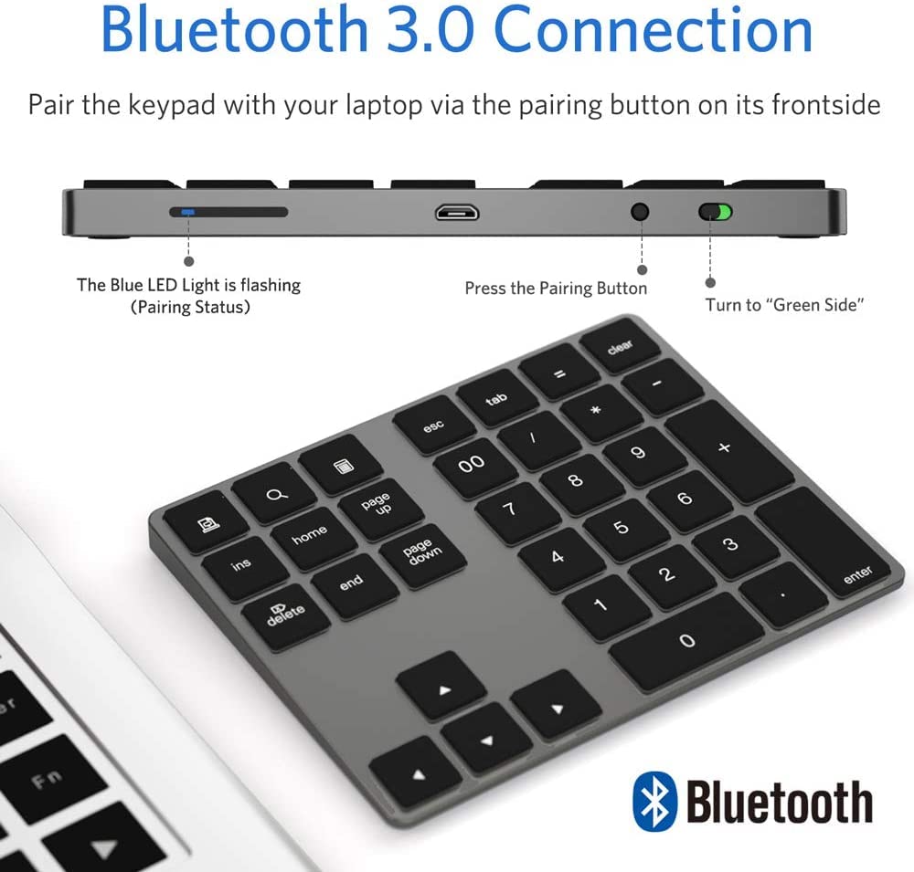 JOYEKY Bluetooth Number Pad, Wireless Numeric Keypad, USB-C Rechargeable External 34-Keys Numpad, Financial Data Entry Keyboard for iMac, MacBook Air/Pro, PC Desktop, Laptop Notebook