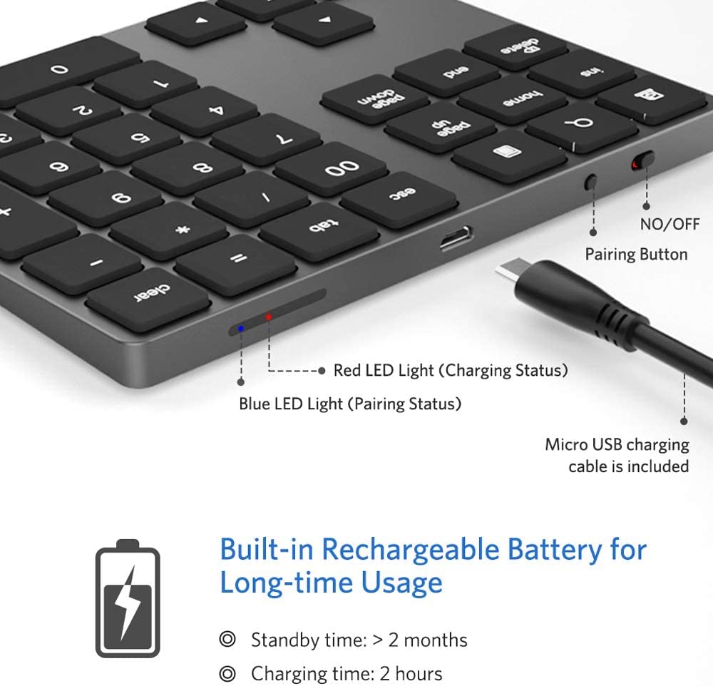 JOYEKY Bluetooth Number Pad, Wireless Numeric Keypad, USB-C Rechargeable External 34-Keys Numpad, Financial Data Entry Keyboard for iMac, MacBook Air/Pro, PC Desktop, Laptop Notebook