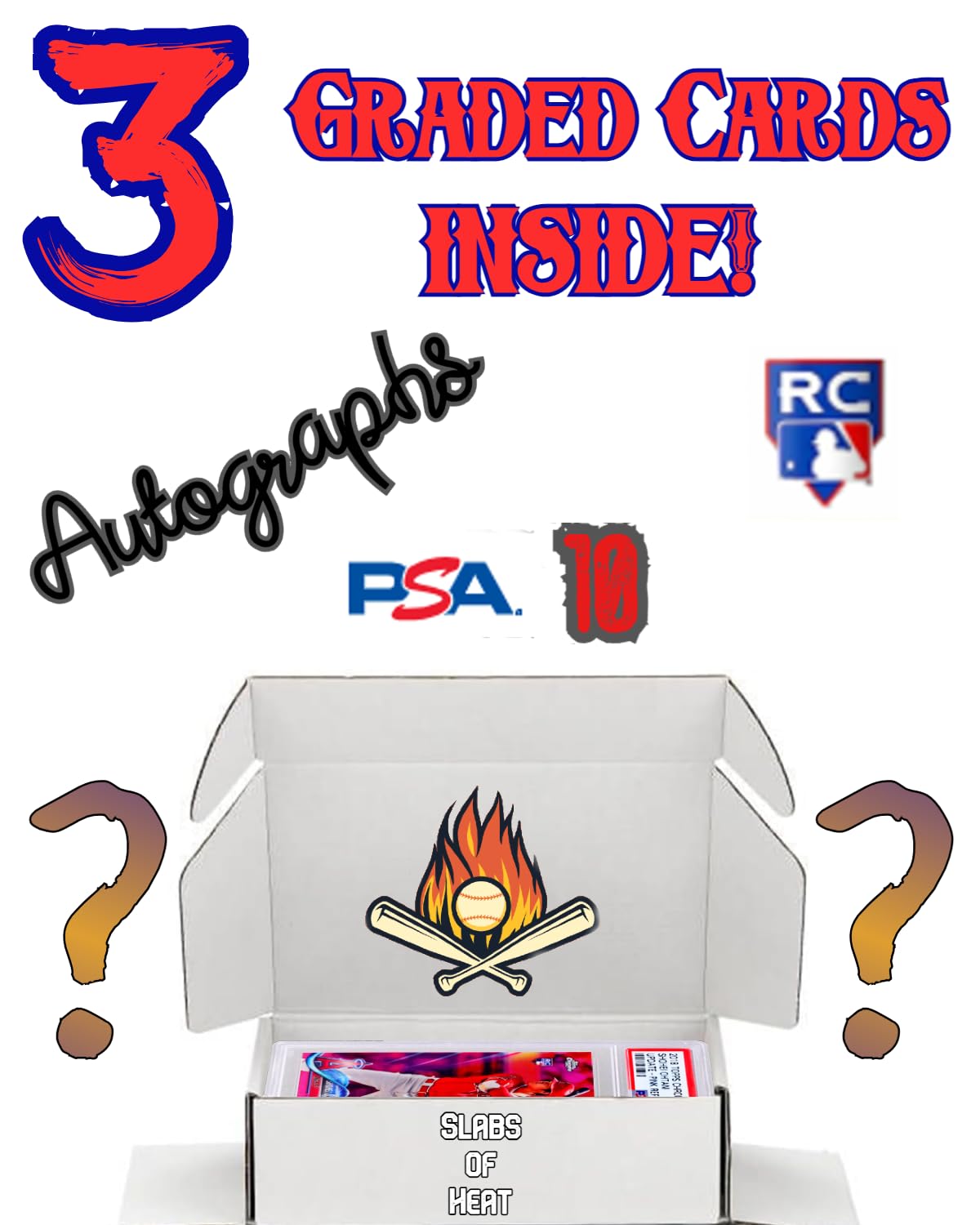 Three Graded Baseball Cards Gift Box: MLB Edition │Three Premium PSA/BGS Graded 10, 9.5 or 9 Cards │Potential Rookie Autographs & Numbered RC Refractors│Gift for Baseball Fans│by Slabs of Heat