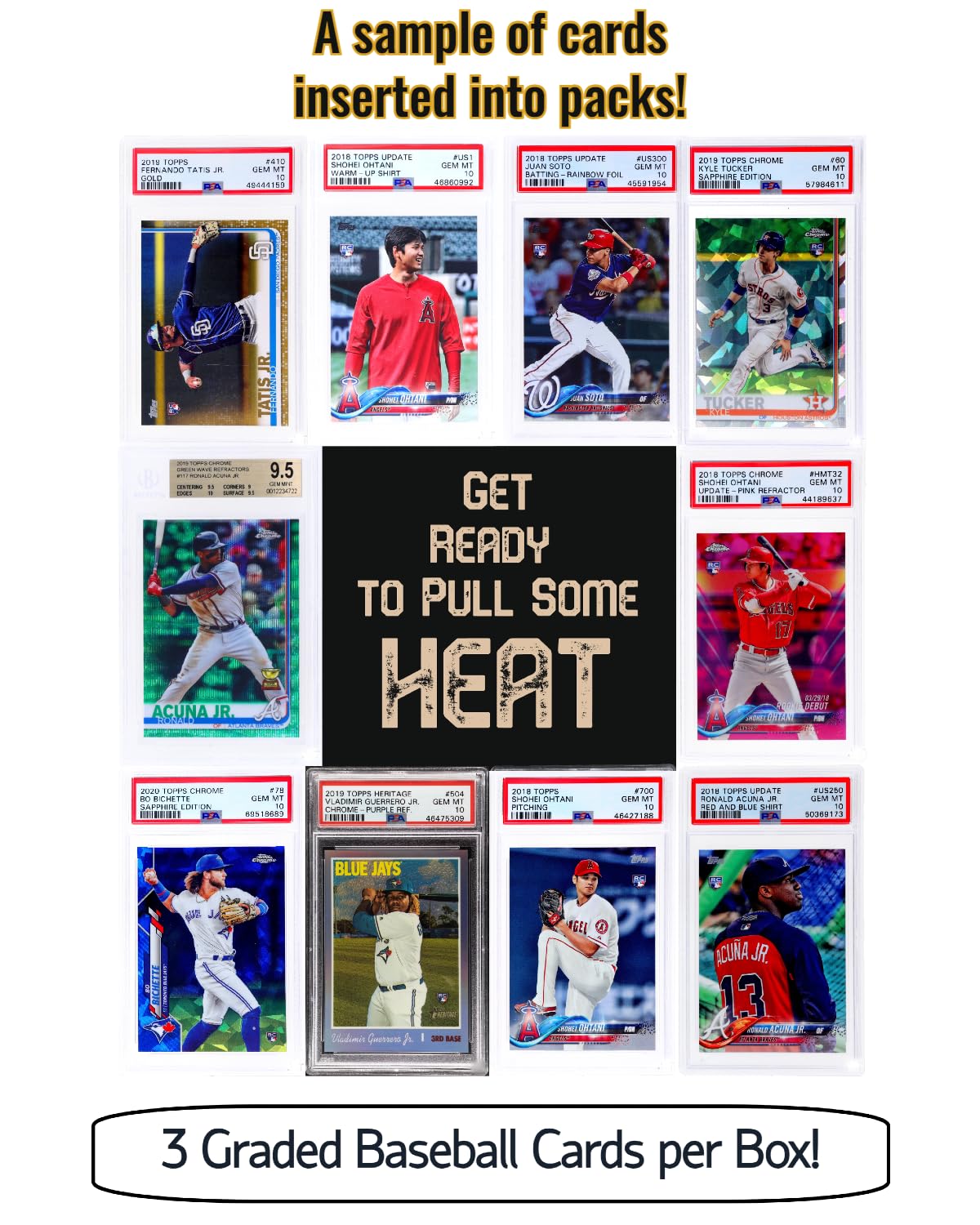 Three Graded Baseball Cards Gift Box: MLB Edition │Three Premium PSA/BGS Graded 10, 9.5 or 9 Cards │Potential Rookie Autographs & Numbered RC Refractors│Gift for Baseball Fans│by Slabs of Heat