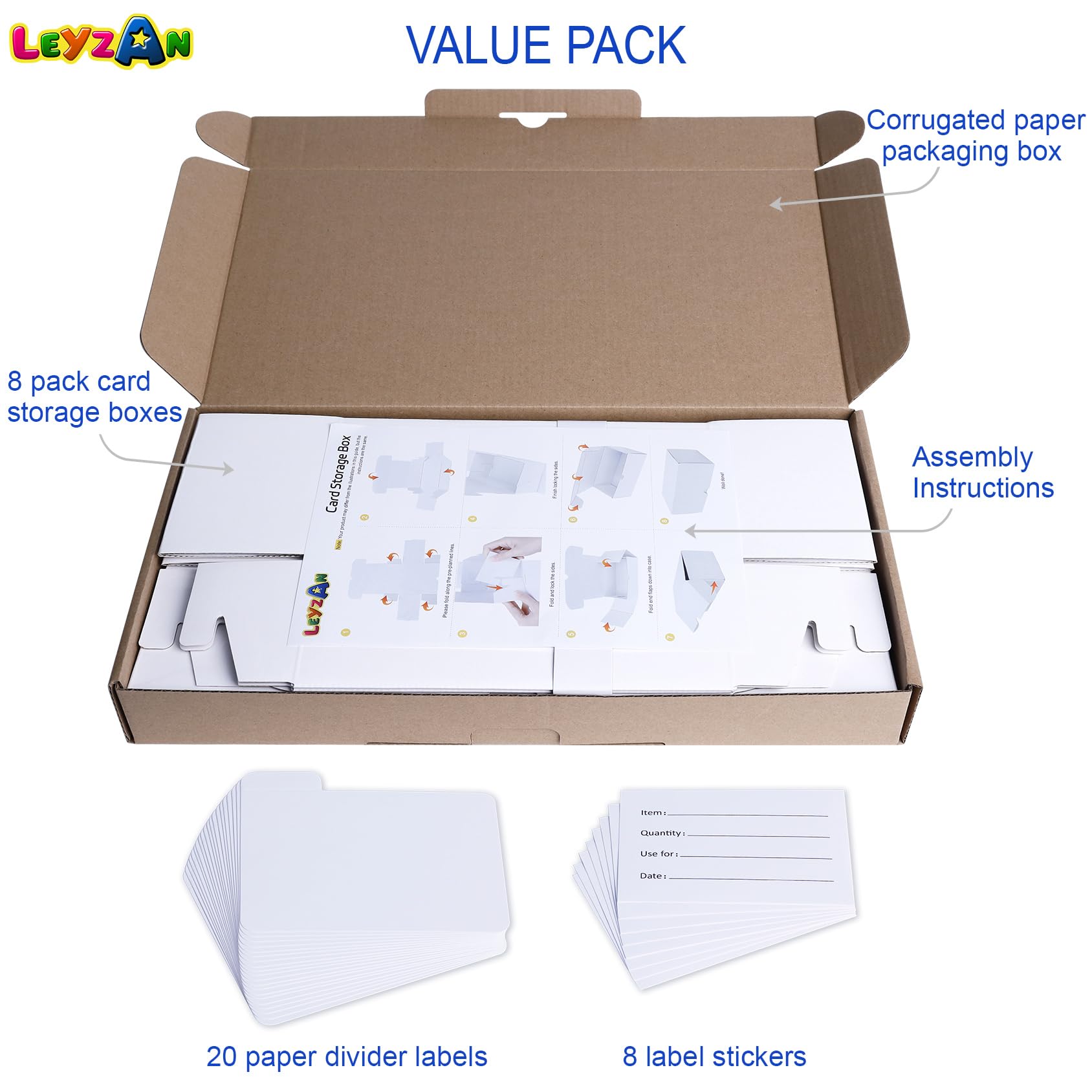 Leyzan Trading-Card Storage Box, 8-Pack • 1000 Count Corrugated Cardboard Storage Box with dividers & labels for TCG/Magic/Mtg storage and Collection, 14.4 INCH Horizontal
