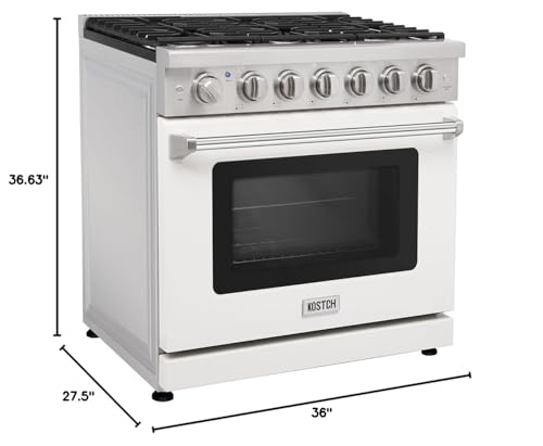 KOSTCH 36 inch Professional Freestanding Pro-Style Natural Gas Range or Liquid Propane Gas Range with 6 Burners, 6.0 cu.ft. Oven Capacity, in Stainless Steel - KOS-36RG03M (White)