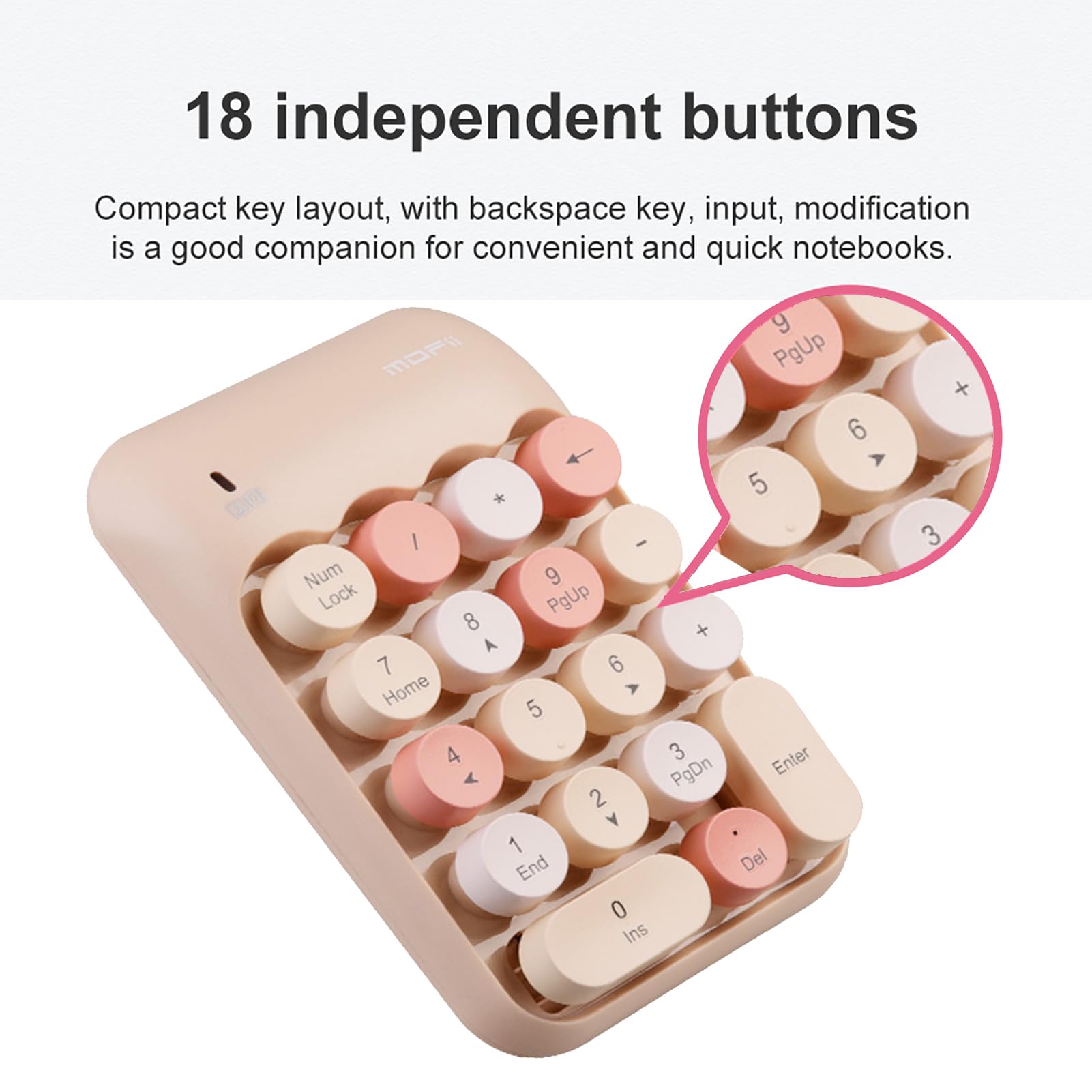 Lomiluskr Wireless Numeric Keypad with 2.4G USB Receiver, Cute Colorful Round Keycaps, Portable Financial Accounting Numpad Number Keyboard, Suitable for PC, Laptop (Milk Tea)