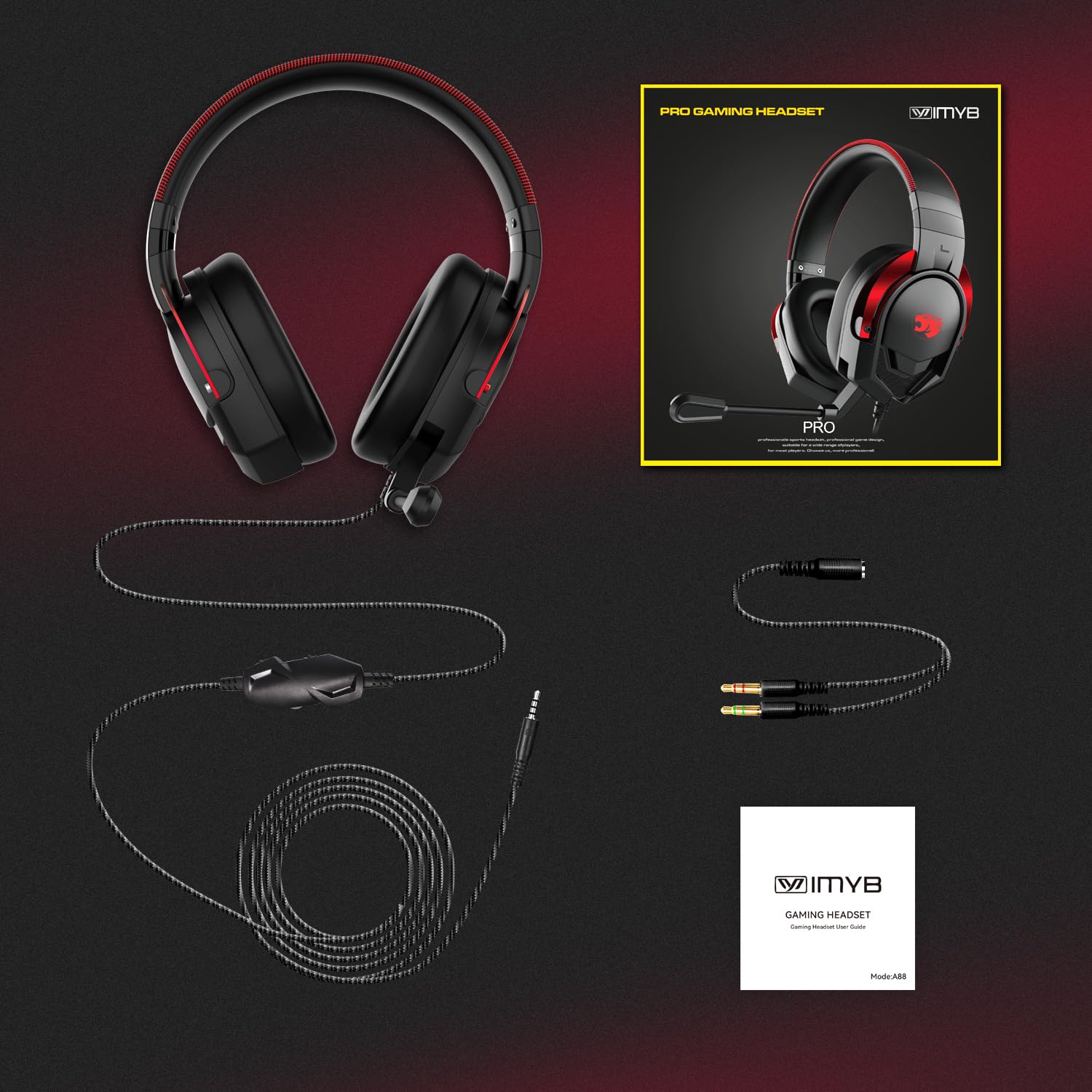 IMYB A88 Gaming Headset with Microphone, Stereo Wired Noise Cancelling Over-Ear Headphones with Mic for Pc, Ps5, Xbox One Series X/s, Ps4, Computer, Laptop, Mac, Nintendo, Gamer (Red)