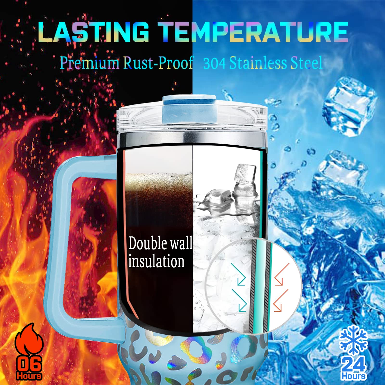 omezin 40 oz Tumbler with Handle Holographic Glitter Leopard 40oz Tumbler with Lid Straw Double Insulated Travel Coffee Mug