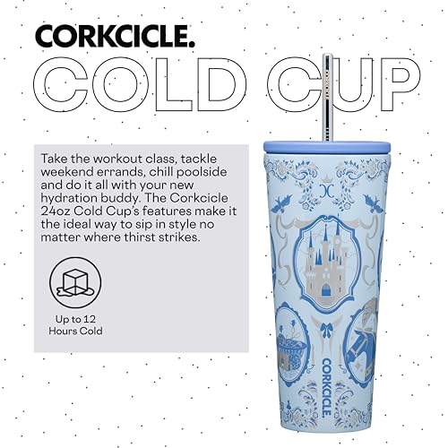 Corkcicle x Disney Princess Cinderella Cold Cup Insulated Tumbler with Lid and Straw, 24 oz β Reusable Water Bottle Keeps Beverages Cold 12hrs, Hot 5hrs β Cupholder Friendly, Lid for Flexible Sipping